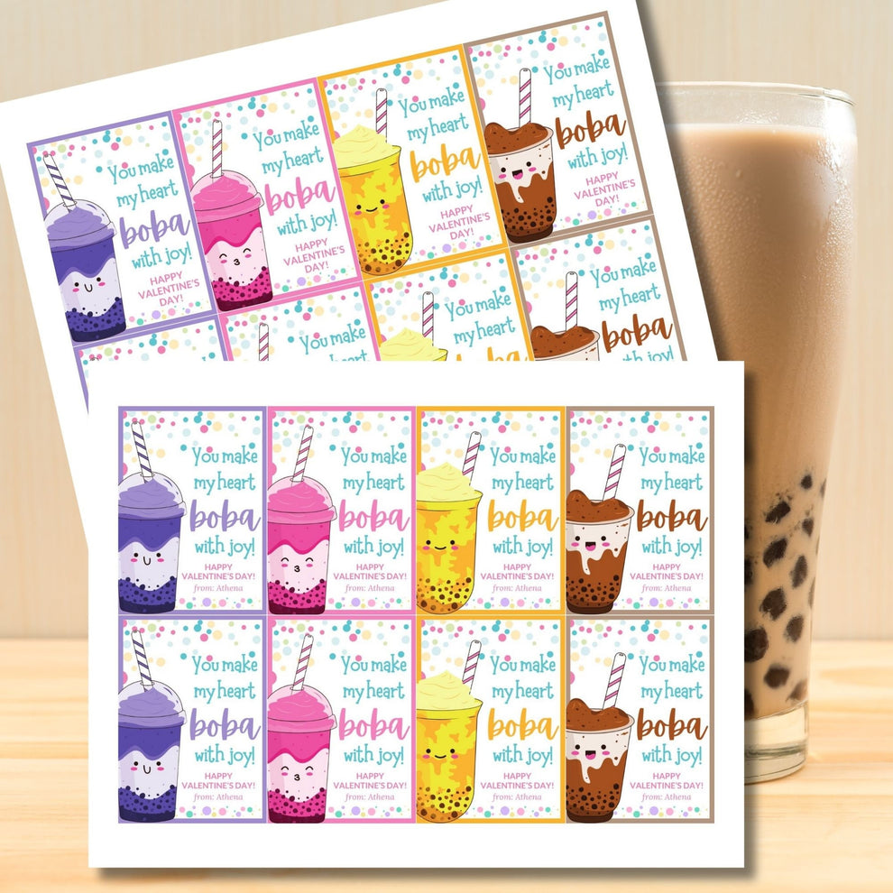 Bubble Tea Boba Valentine Printable Card Tag | Kawaii Cute Romantic ...
